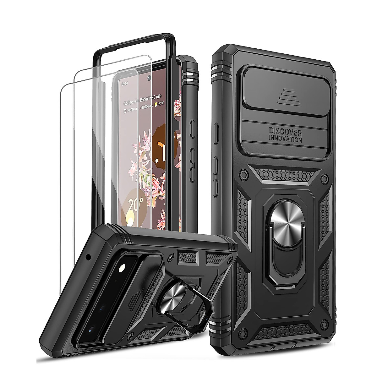 LeYi for Google Pixel 6 Case: Phone Case for Pixel 6 with Slide Camera Cover + [2 Packs] Tempered Glass Screen Protector, Full Body Military-Grade Heavy Duty Shockproof Ring Holder Stand Case: Black