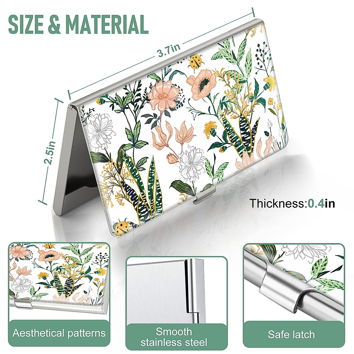Swooflia Business Card Holder Case Wallet for Women Metal Retro Blooming Flower Slim Pocket Purse Square Card Cases Cute For Realtors Real Estate Agents
