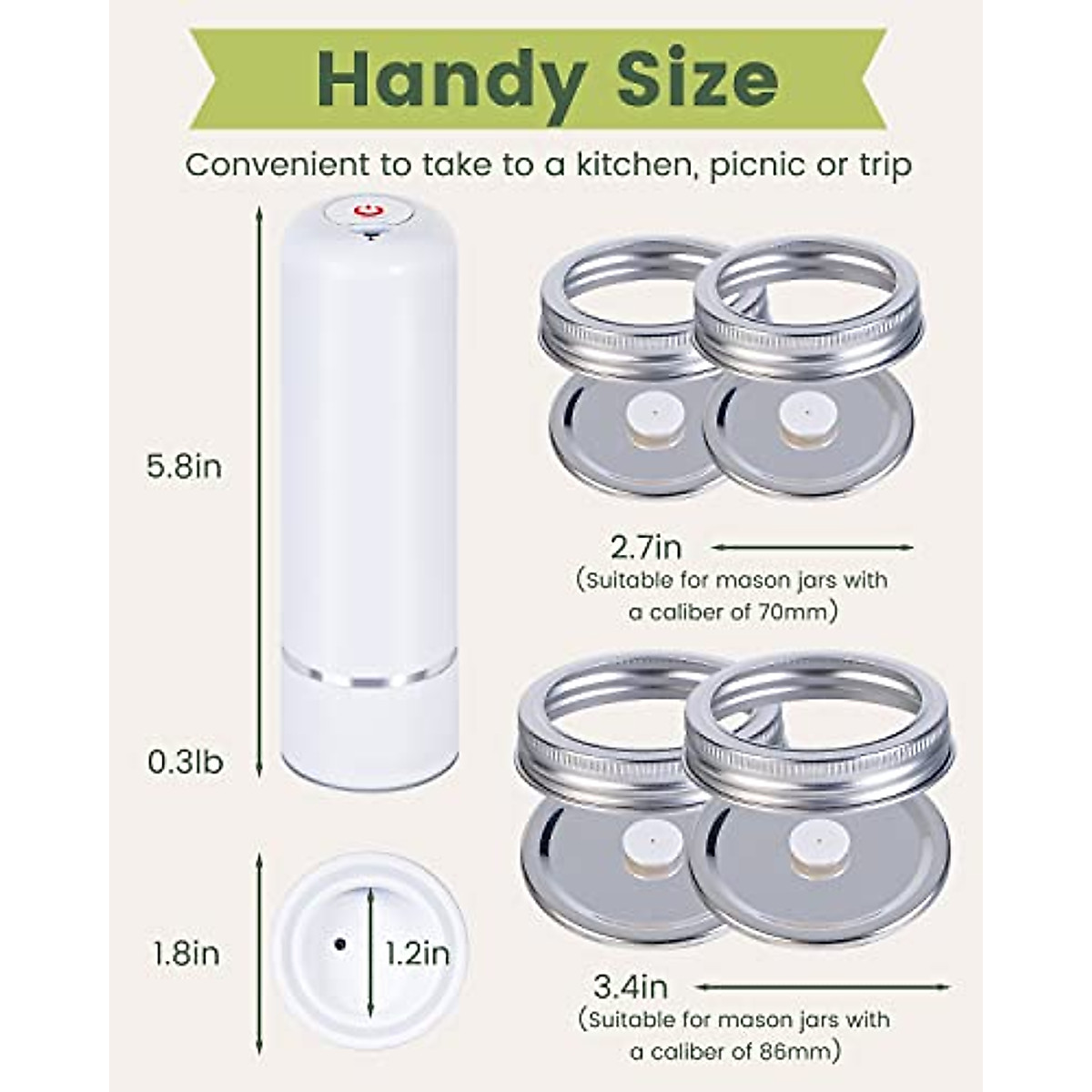 Electric Mason Jar Vacuum Sealer, SEANCHEER Food Saver Jar Sealer Kit for Wide Mouth and Regular Mouth Mason Jars with Electric Vacuum Pump for Food Storage and Fermentation (No Opener Required)