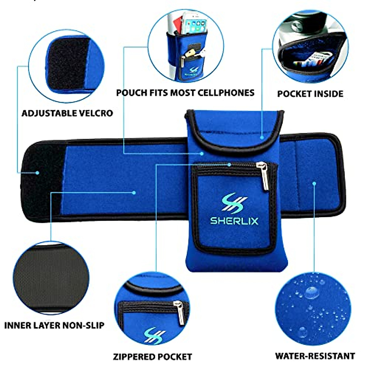 Gym Water Bottle Pouch -18-40 oz Water Bottle Holder for Running, Walking, Workout - Cell Phone Holder Caddy, Accessory Pockets for Keys and Cards- Handheld Sport Bottle Carrier - No Carabiner