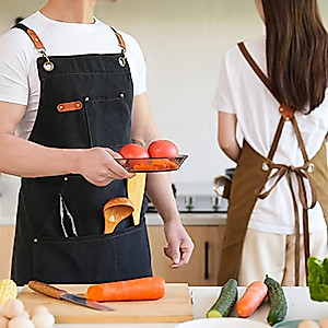 Aoomzoon Canvas Aprons for Men Chef Apron, Work Apron with Large Pockets - Durable 16oz Heavy Duty Cross Back, BBQ, Cooking (Black②, 1 Pack)