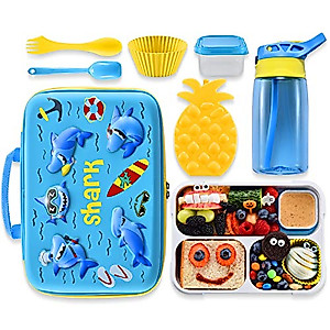 COO&KOO Shark Lunch Bag Lunch Box Set, Include 3D Insulated Cooler Bag & Leakproof Water Bottle Pineapple Ice Pack Multipurpose Spork Spoon Silicone Cups Salad Box, Great for School Girls or Boys