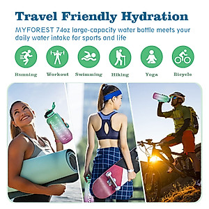 MYFOREST 64oz Water Bottle, Time Marker for Motivational Hydration, Drop-proof, BPA-free, Nozzle/Straw/Carry-Strap/Wide-Mouth for Easy Clean - 1900mL Large Sports Jug