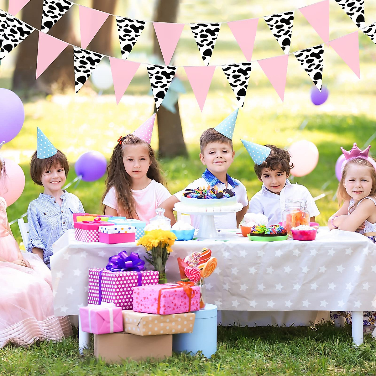 5 Pcs Cow Print Pennant Banners, Cow Print Pennant Banner Birthday Party Supplies for Western Cowboy Party Theme Decoration Baby Shower Animal Theme Party Holiday Decor, 7.4 x 10.8 Inch (Sweet)