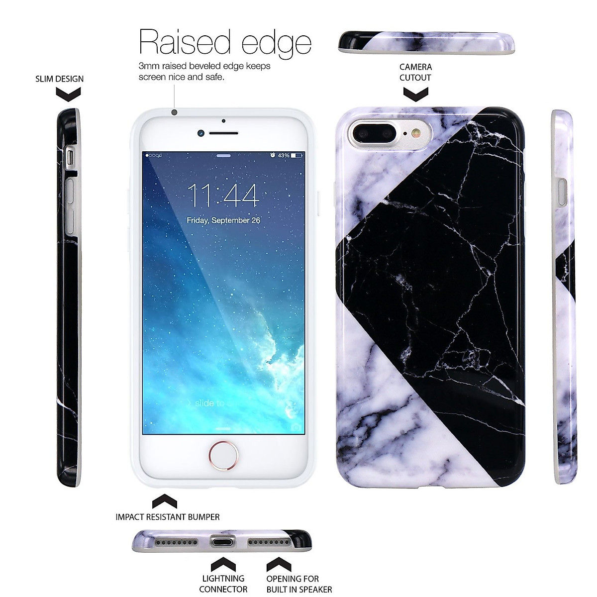 iPhone 7 Plus Case, iPhone 8 Plus Case, JAHOLAN White Black Geometric Marble Design Clear Bumper TPU Soft Rubber Silicone Cover Phone Case for Apple iPhone 7 Plus/iPhone 8 Plus