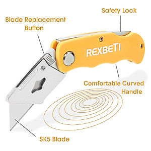 REXBETI 4-Pack Folding Utility Knife Quick-change SK5 Box Cutter for Cartons, Cardboard and Boxes, Back-lock Mechanism with 10 Extra Blades