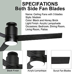 Flybull Ceiling Fans with Lights Flush Mount, 52 Inch Modern Black Ceiling Fan with Light and Remote Control - 3 Wood Blades LED Ceiling Fan Low Profile Ceiling Fan Light
