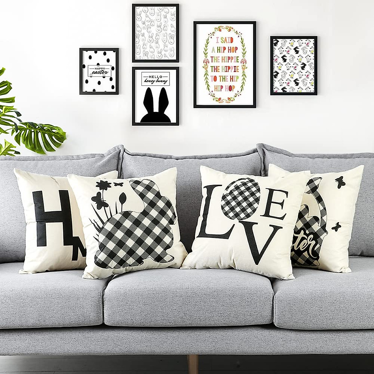 Ohok Easter Pillow Covers 18x18 Set of 4 Spring Pillow Covers Black and White Striped Rabbit Basket Decorative Pillow Covers for Farmhouse Home Decor Sofa Couch Chair Bed Bedroom Living Room