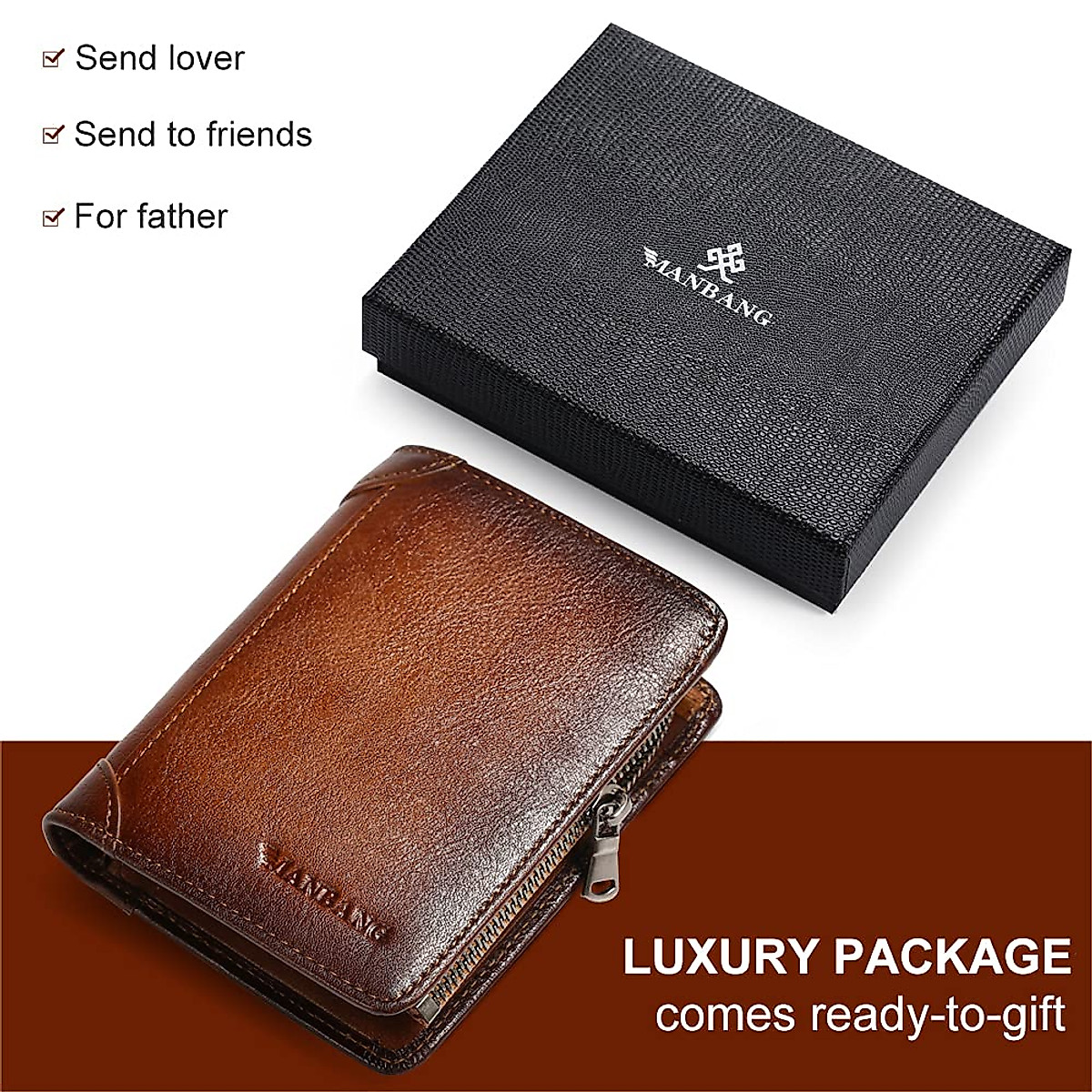 MANBANG Mens Wallet Zipper Genuine Leather RFID Card Holders Cowhide Zip Coin Pocket Bifold wallets for men Brown(anti-theft brush) (Brown)