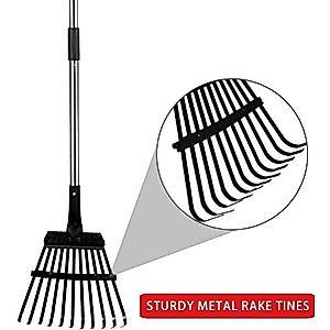 HOMIMP Adjustable Garden Leaf Rake,34" - 55" Adjustable Lightweight Aluminum Handle 11 Tines Rake,8" Inch Wide,for Gardeners,Kids Leaf Rake,Detachable Garden Rake,Easy to Carry (Black)