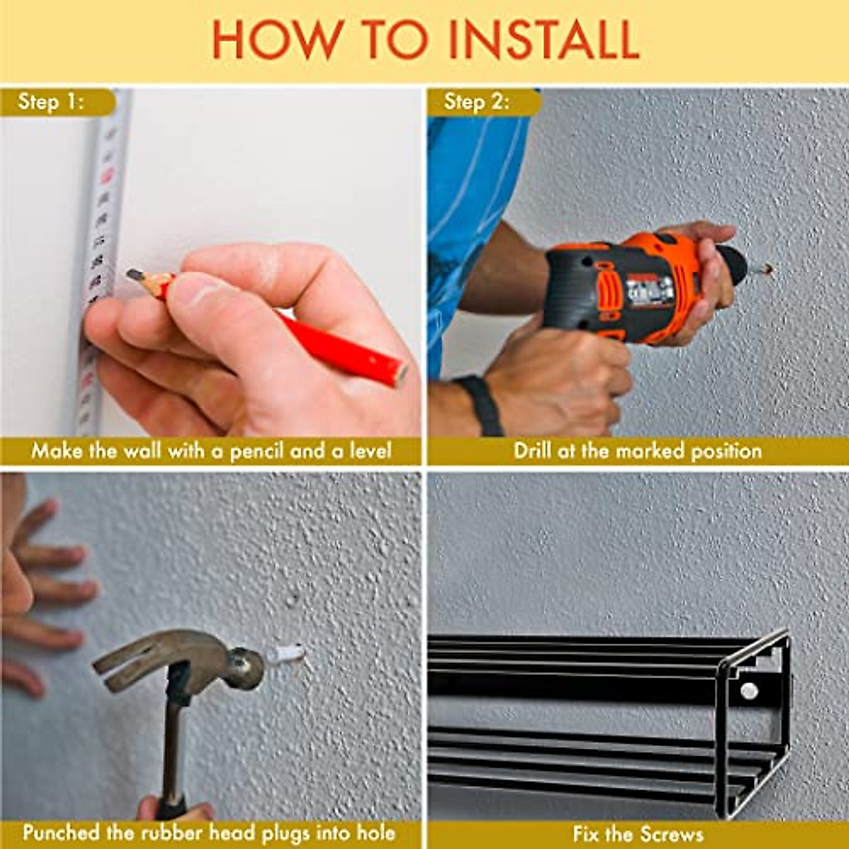 PITCH + PULSE Power Tool Organizer, Garage Tool Storage Organization, Drill Holder Racks Wall Mount Floating Shelf Set for Workshop Shed Pegboard Fitted