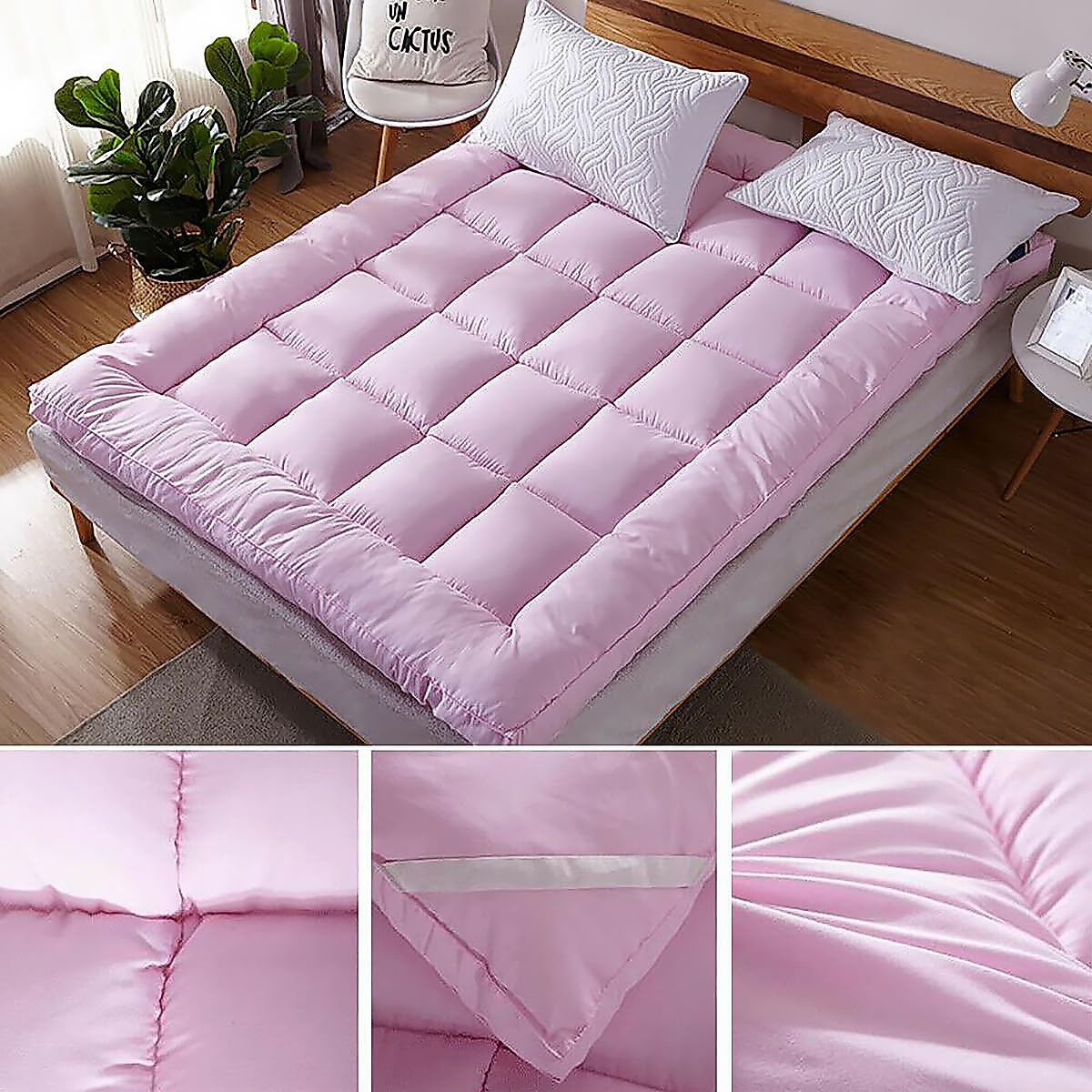 THABATAD Quilted Fitted Mattress Pad Queen, Thick Mattress Topper, Soft Cooling Mattress Cover Padded for Back Pain Relief, Mattress Protector with Overfilled Down Alternative Filling, Pink