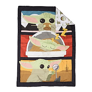 Expressions 3 Piece Toddler Bedding Set Baby Yoda Mandalorian Standard Crib Bedding Set, Includes Soft Microfiber Reversible Comforter, Fitted Sheet, Pillowcase for Kids (Official Star Wars Product)