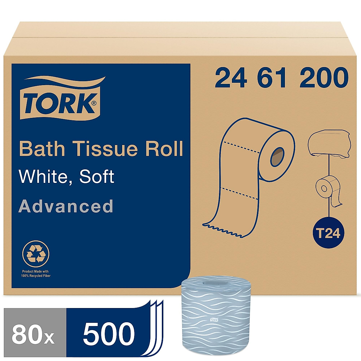 Tork Advanced Toilet Paper Roll, White, Compatible with T24 Dispensers, 2-ply, Soft Tissue, 80 rolls x 500 sheets (2461200)