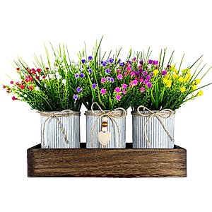 CALAVAK Decorative Centerpiece Wooden Tray with 3 Metal Potted Artificial Babys Breath Gypsophila Plant Flowers Rustic Country Farmhouse Décor for Dining Room, Living Room and Kitchen Table
