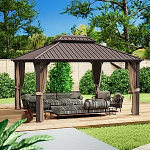 Kozyard Caesar 12'x14' Hardtop Gazebo - Permanent Metal Pavilion with Netting and Shaded Curtains for Patio, Backyard, and Deck - Galvanized Steel Outdoor Aluminum Canopy, Double Roof Gazebo (Brown)