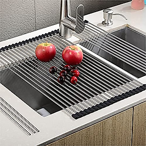 EMBATHER Roll Up Dish Drying Rack Over The Sink, Dish Drying Rack for Kitchen Counter, Multipurpose Stainless Steel Foldable Kitchen Drainer Rack with Silicone Mat, Anti-Slip,(Black, 20.8"x18.1")
