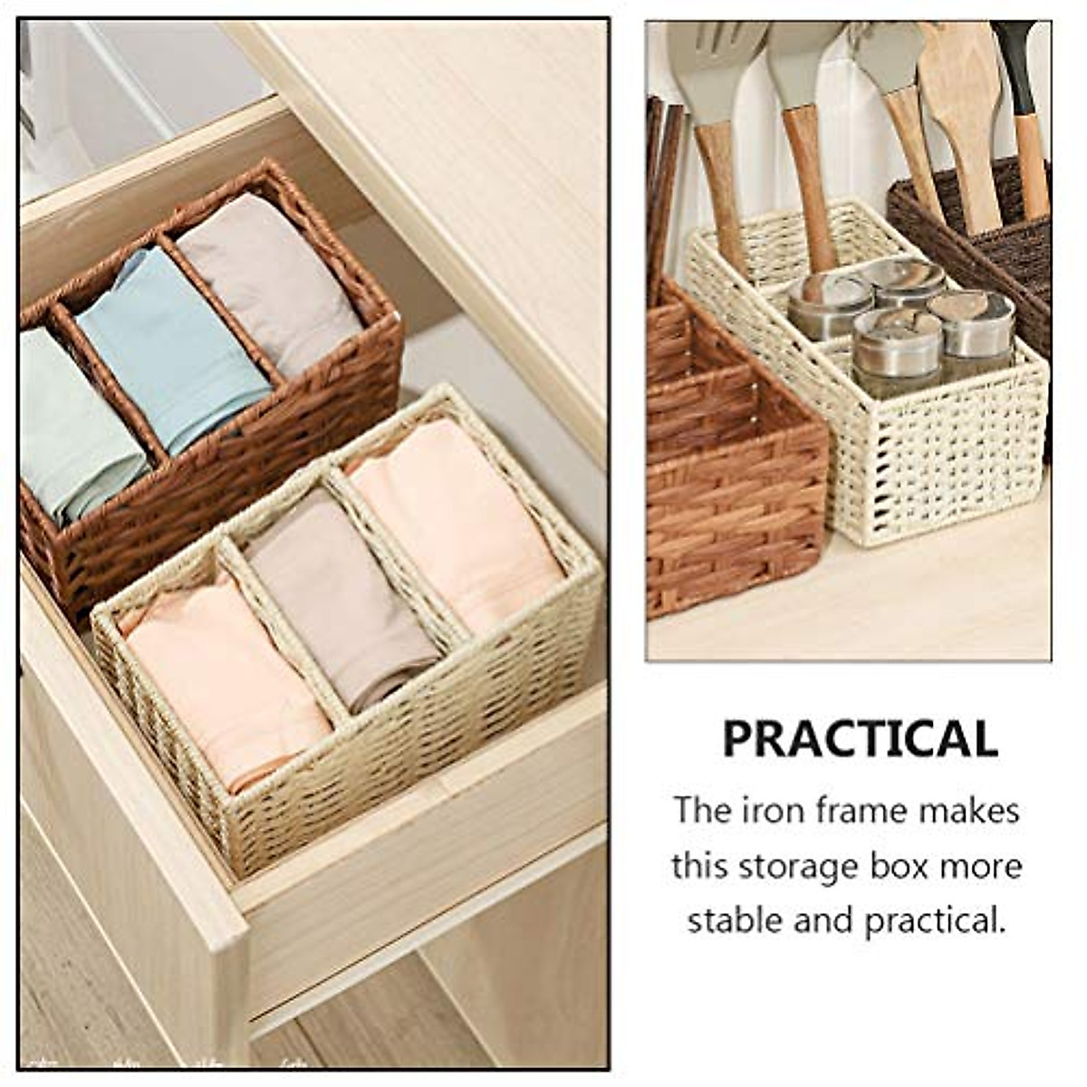 DOITOOL Wicker Storage Basket with 3- Compartment Magazine Hyacinth Basket Weave Organizer Baskets Desktop Storage Box Sundries Container Desk Basket Bins for Bathroom Office