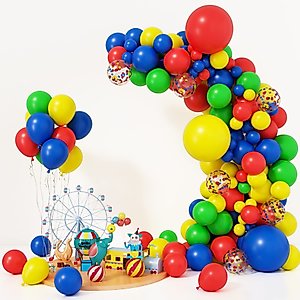 RUBFAC 123pcs Primary Balloons Carnival Circus Balloon Arch Garland Kit, Red Yellow Blue Green Balloons Rainbow Supplies for Baby Shower Paw Theme Birthday Decorations