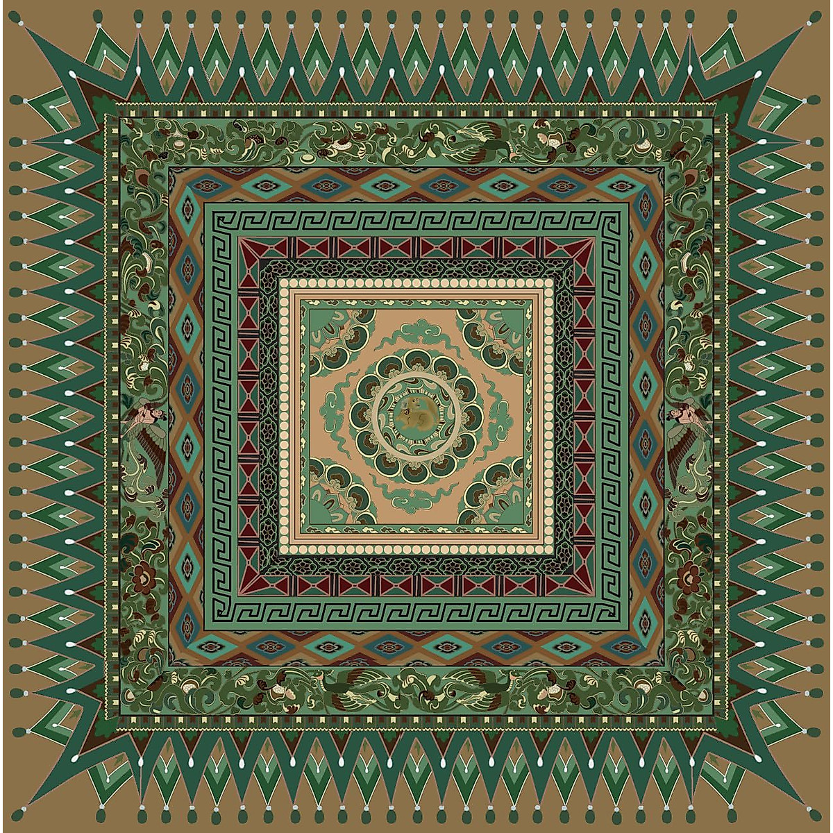 Vintage Floral Area Rug 2x2 Green Grey Caisson Classical Square Rug for Living Room Dining Room Bedroom Soft Wool Washable Carpet Entryway Laundry Home Office Rugs