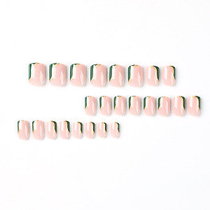 QINGGE Pink Press on Nails Short Length Square Fake Nails with Green Gold Stripe Design Fashion Stick on Nails Glue on Nails Glossy Acrylic Nails False Nails for Women 24Pcs