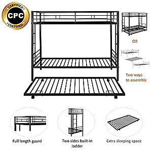 DaiNNCN Bunk Bed with Trundle Twin Over Twin,Can Be Divided Into 3 Bed Metal Heavy Duty - Black