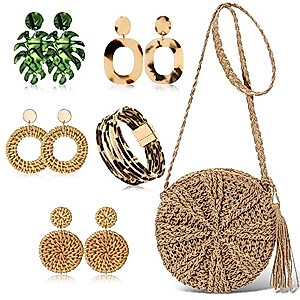 Beach Purse Earrings Set Straw Shoulder Bag Vacation Beach Purse with 4 Rattan Boho Tropical Earrings Leopard Bracelet Kit (Dark Color Round)
