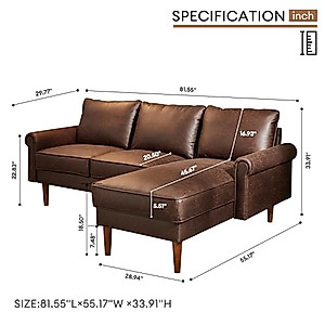 Weaxty 81.55" Sofa Couch, L Shaped Faux Leather Sectional with Chaise Suede Fabric Couch Sofas with Comfortable Cushions for Small Space Living Room Apartment, Right Chaise Dark Brown