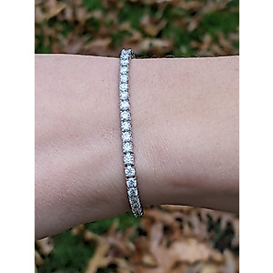 TwoBirch 18k White Gold Plated Tennis Bracelet 3MM with Round Moissanite (Sterling Silver, Size 7.5, 5.7 CT DEW)