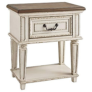 Signature Design by Ashley Realyn French Country Upholstered Tufted Accent Bench, Antique White & Realyn Traditional Cottage 1 Drawer Nightstand, Chipped White, Distressed Brown