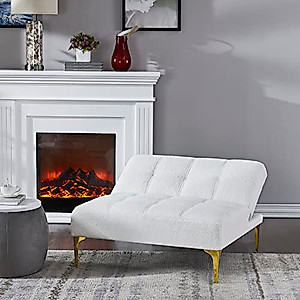 MMTGO Convertible Fabric Sofa Bed with Gold Metal Legs and Toss Pillow,Single Futon Couch w/Three Backrest Settings for Small Spaces,Partment,Studio, 35.5Inch, White Teddy