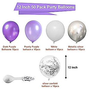Purple White Silver Balloons 50pcs, 12 Inch Silver Confetti Balloons Latex Balloons with Purple Ribbon for Birthday Party Decoration Baby Shower Decorations
