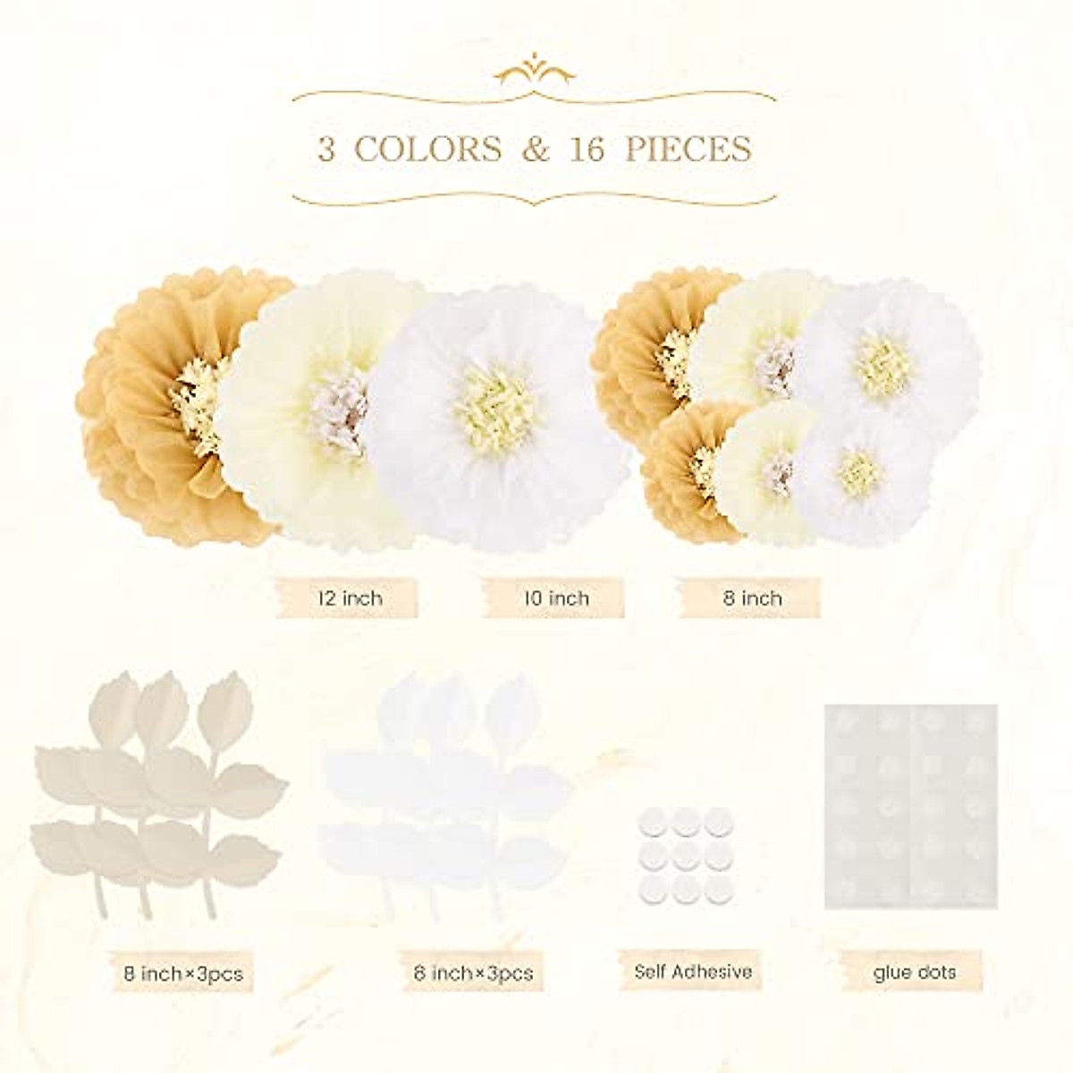 Fonder Mols Tissue Paper Chrysanth Flowers Paper Leaves DIY Crafting for Rustic Wedding Backdrop Baby Shower Nursery Decorations (Set of 15, Khaki Ivory White)