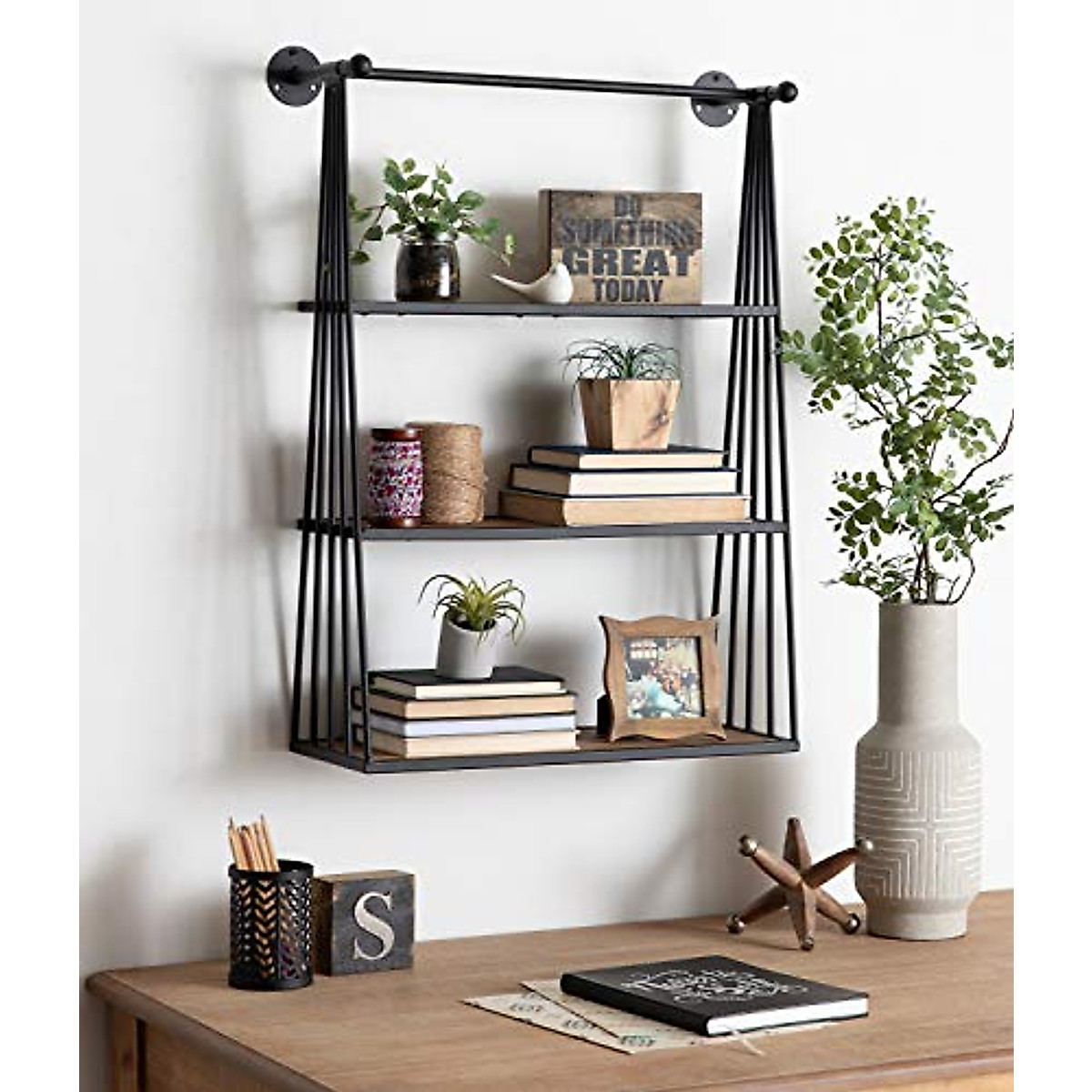 Kate and Laurel Nevin Rustic Three Tier Shelf, 23.25" x 30.25" x 8", Brown and Black, Modern Farmhouse Inspired Wall Storage and Decor