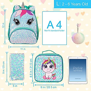 3PCS Toddler Backpack for Girls, 12" Unicorn Sequin Preschool Bookbag and Lunch Box- Green