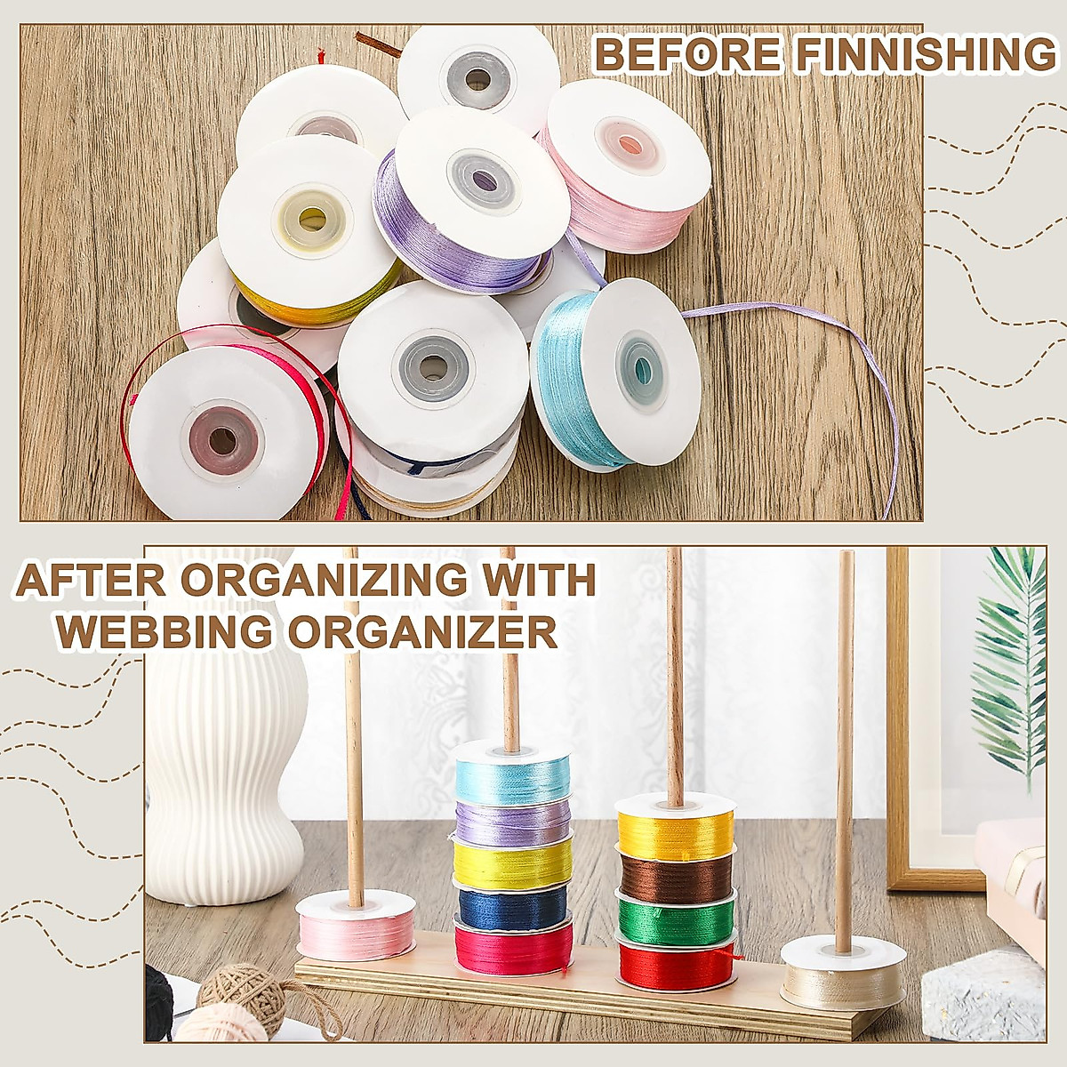 Threehoney Wooden Ribbon Rack Storage Ribbon Organizer Spool Holder Washi Tape Organizer Wire Spool Stand Holder for Sewing Craft Mesh Wreath Crochet Thread Tulle Roll Florist Arts Wrapping Gift