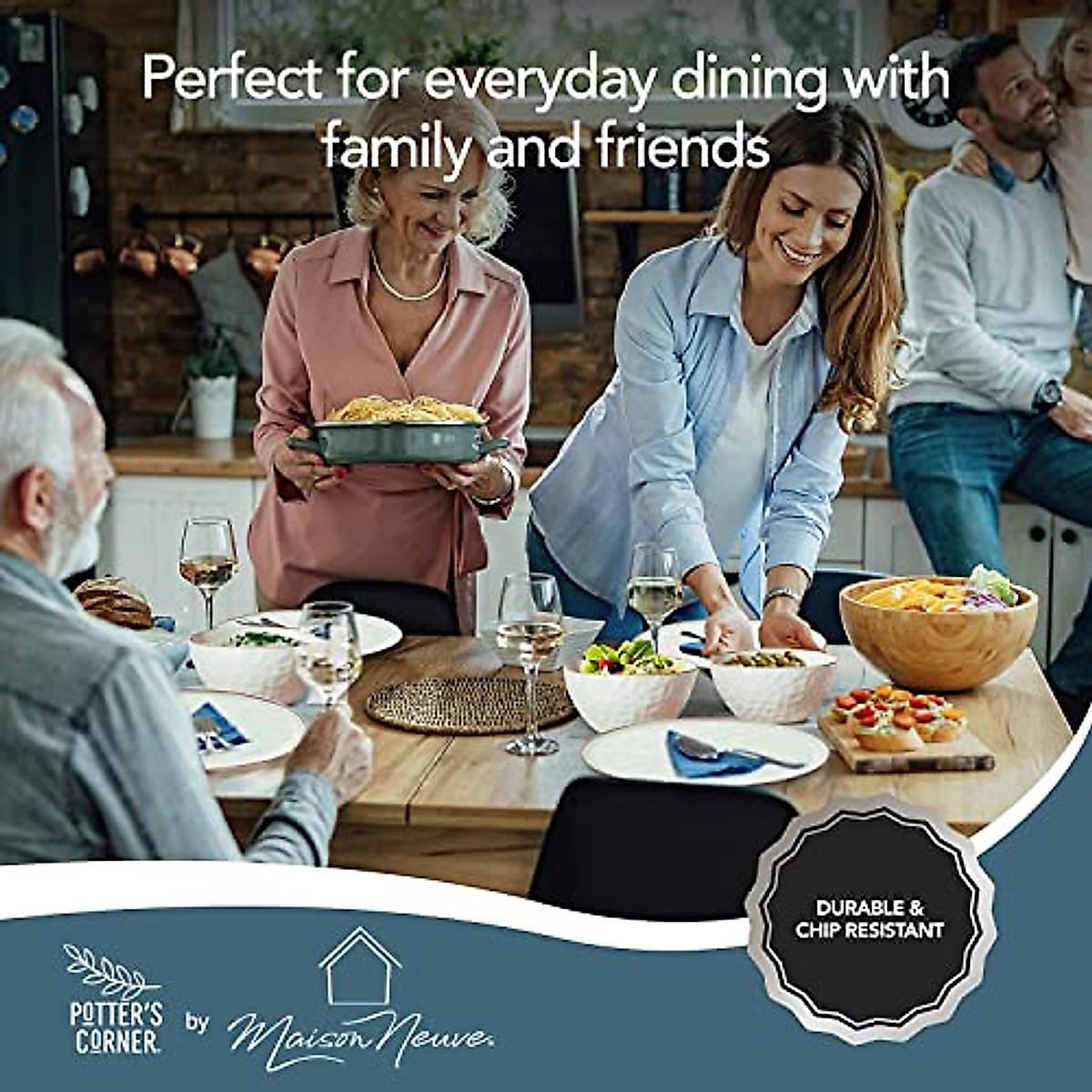 Potter's Corner by Maison Neuve 16-Piece Dinnerware Set Service for 4 - Hand Crafted Bowls and Plates Set w/Mugs, Stoneware Dinnerware Set, Microwave & Dishwasher Safe Plate Set - Oxford White