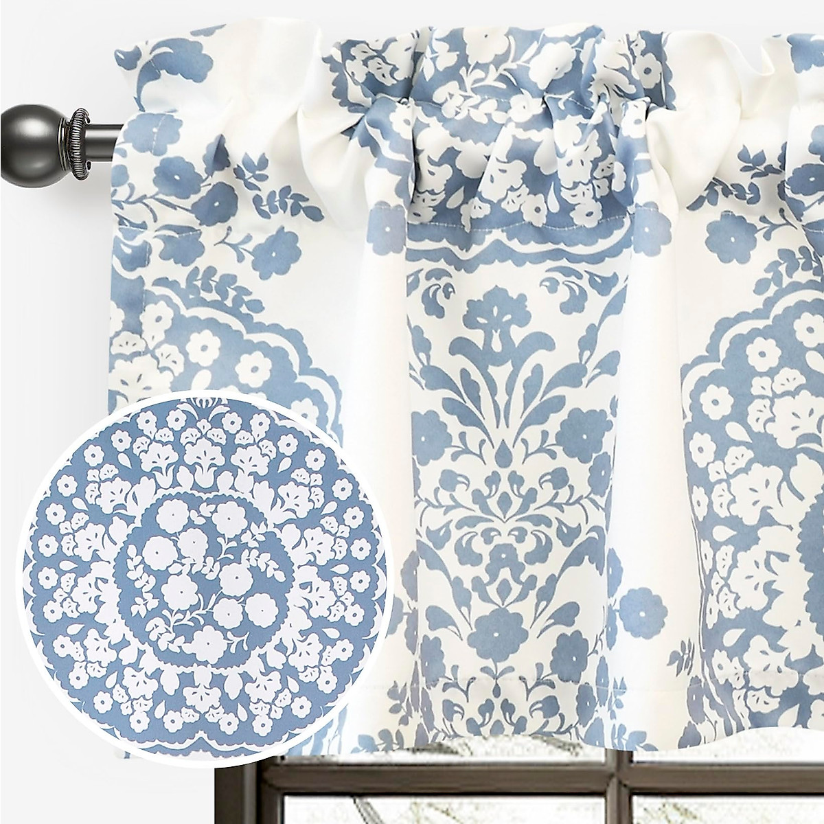 DriftAway Damask Curtains Valances for Windows 2 Pack Farmhouse Style Floral Medallion Patterned Samantha Valance for Living Room Bedroom 52 Inch by 18 Inch Plus 2 Inch Header Dusty Blue