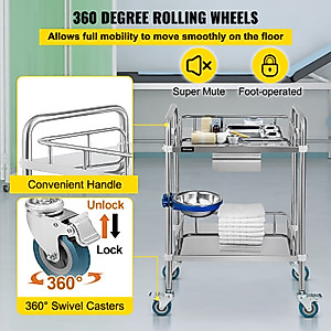 VEVOR Lab Cart 2 Layers Dental Cart with 1 Drawer Stainless Steel Cart 1 Refuse Basin Lab Utility Cart w/Silent Omnidirectional Wheels Stainless Utility Cart for Laboratory Hotel Restaurant Home Use