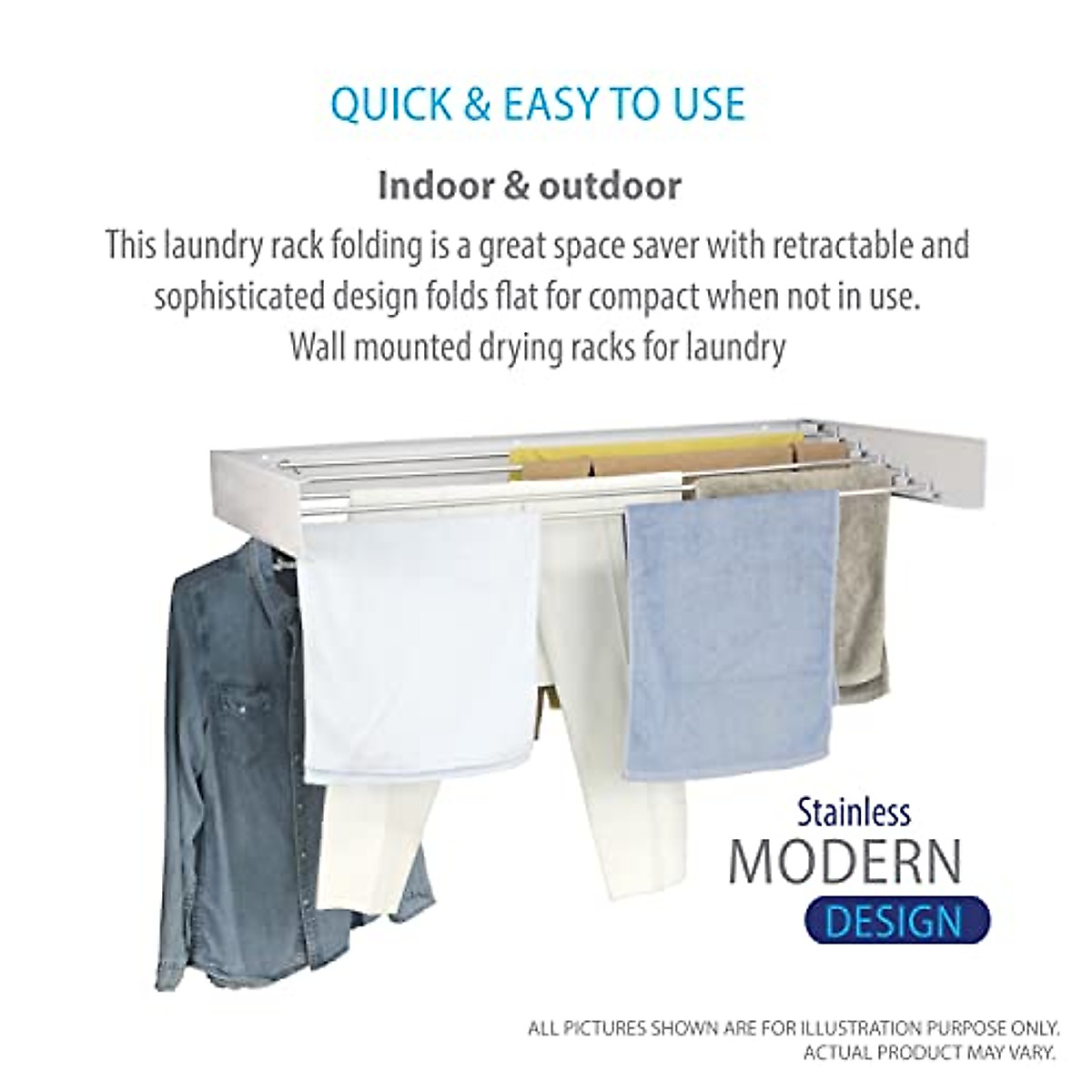 Wall mounted retractable clothing drying rack. Foldaway clothes rack. Collapsible folding hung indoor & outdoor. Space saver compact wall mount design. Foldable Hanging Racks for Laundry room (white)