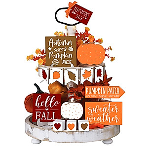Sumind 15 Pcs Fall Tiered Tray Decor Set Hello Fall Decor Autumn Wood Signs Thanksgiving Orange Brown Table Signs Farmhouse Wooden Maple Pumpkin Gnomes Tabletop for Festival Home Decor(Autumn)