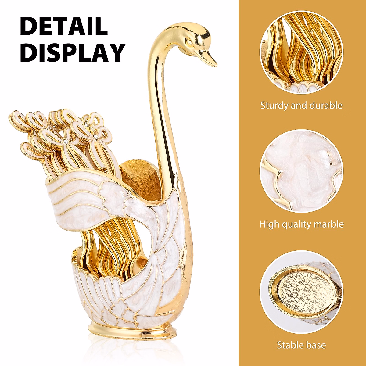 Gold Swan Base Holder,Table Decorative Swan Dessert Spoons Organizer Base Spoons Holder with 6pcs Coffee Spoon set,Elegant Gold Dessert Spoons,Premium Zinc Alloy Swan Base Spoon Organizer (Gold)