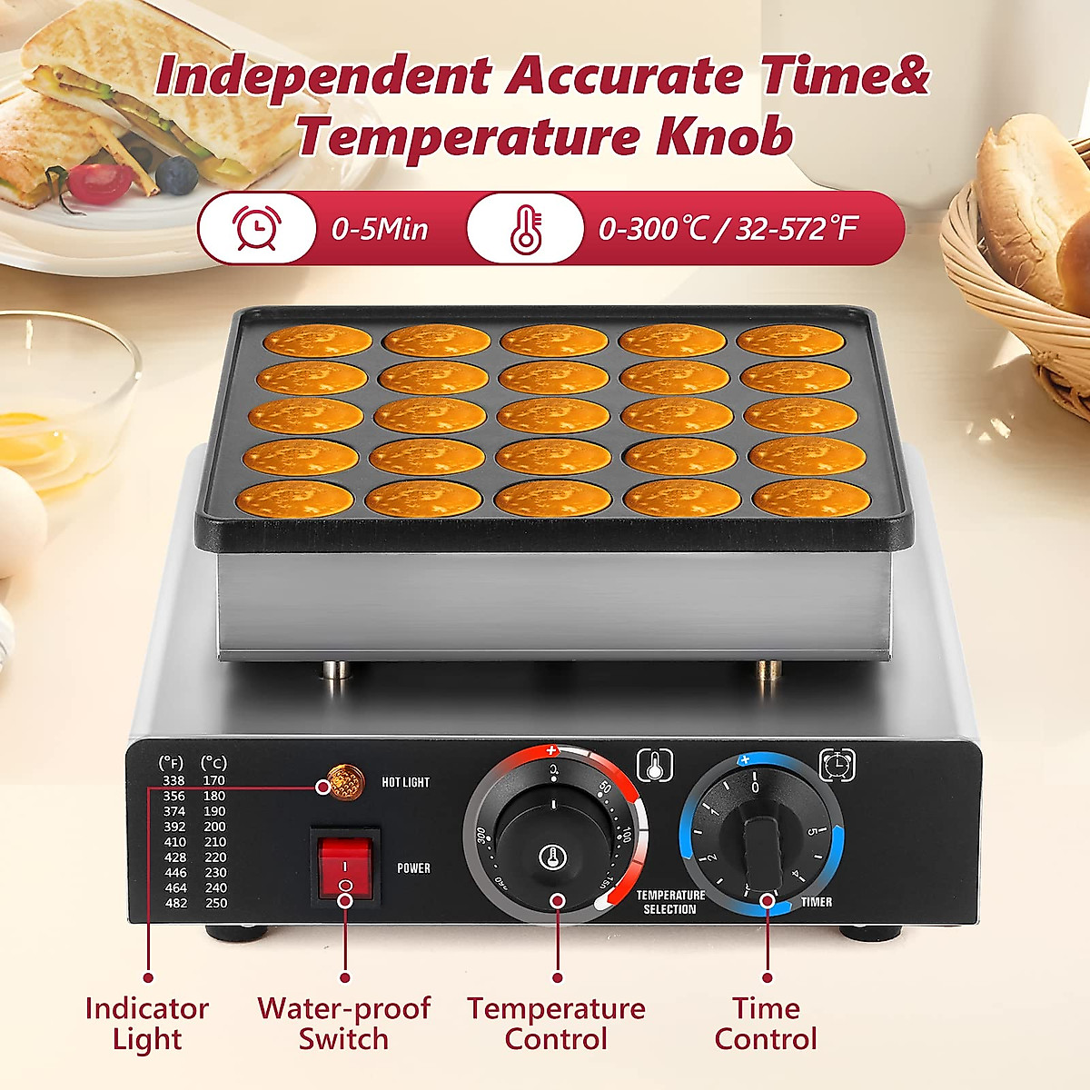 LANUEVA Mini Dutch Pancake Maker with Recipe, 25pcs 1.8" Electric Pancake Maker Baker Machine Non-Stick Coating, Stainless Steel, Fast Heating, Home & Commercial Use (110V)