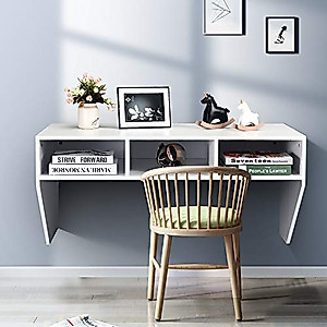 Giantex Wall Mounted Desk Floating Computer Desk, Writing Study Table W/3 Storage Shelves, Laptop PC Table for Living Room, Bedroom, Office (White)