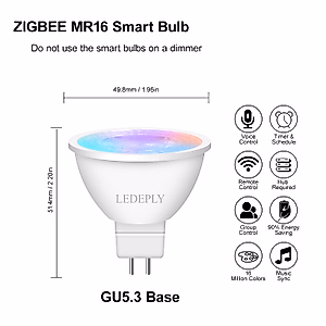 LEDEPLY Zigbee MR16 Smart Bulbs, Compatible with hu*e*, Alexa, Google & ConBee (Hub Required), 5W, GU5.3 LED WiFi Bulb, 5W(50W), Dimmable LED AC/DC 12V, Color Changing &Tunable White, 2 Pack