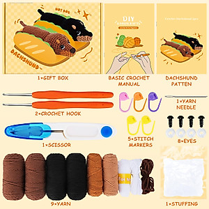Crochet Kit for Beginners - 2 PCS Dachshund Crochet Kit with Step-by-Step Video Tutorials, Beginner Crochet Kit for Adults, Crochet Animal Kit for Kids, Dog Crocheting Set (Brown & Black)