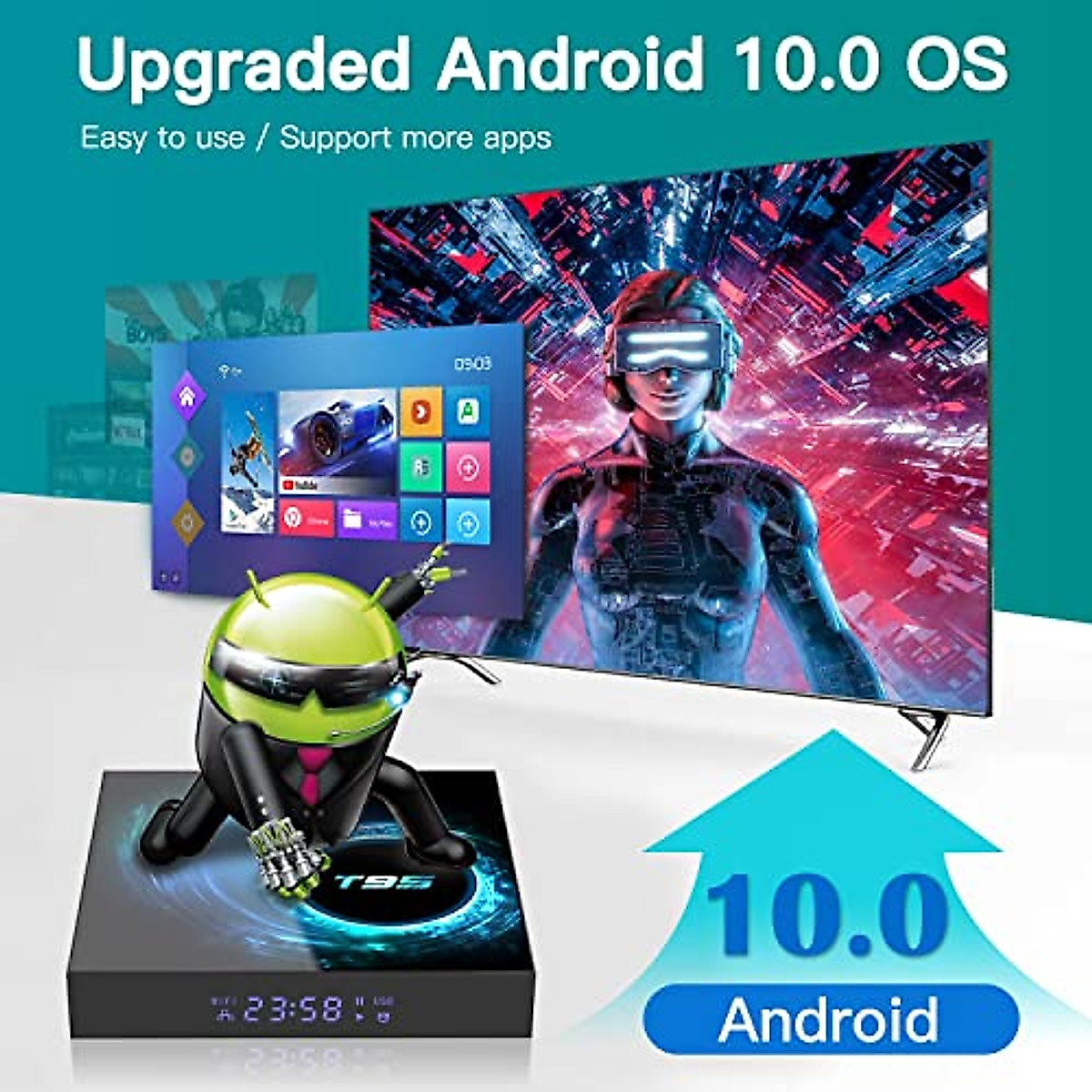 Android TV Box 4GB RAM 128GB ROM 2022 Android Box 10.0, H616 Cortex-A53 CPU Support 4K 6K 3D Video 2.4G/5G WiFi 100Mbps Ethernet Bluetooth Smart TV Box with 2.4G Backlit Mini Wireless Keyboard