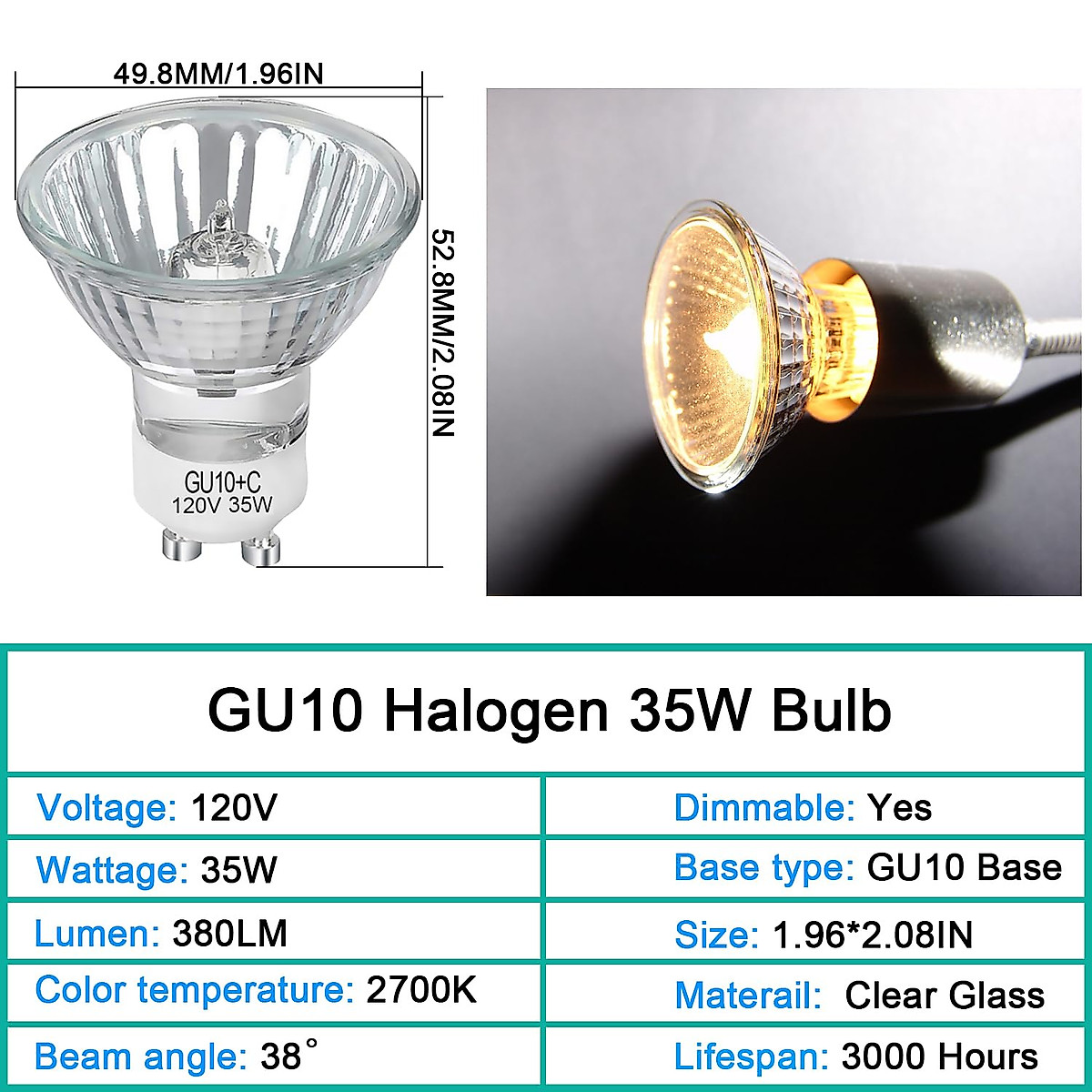 Lacnooe GU10 Halogen 35W Bulbs, 6 Pack GU10+C 120V 35W Halogen Light Bulbs with Long Lasting Lifespan, Dimmable MR16 GU10 Light Bulb for Track Light, Recessed Light, Range Hood, 2700K Warm White