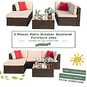 Devoko 5 Pieces Patio Furniture Sets All Weather Outdoor Sectional Patio Sofa Manual Weaving Wicker Rattan Patio Seating Sofas with Cushion and Glass Table(Beige)