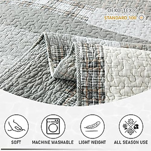 KALOOLA Grey Quilts Queen Size, 100% Cotton Queen Quilt Bedding Set, Farmhouse Rustic Striped Bedspreads, Lightweight Coverlet for All Seasons, 3 Pieces